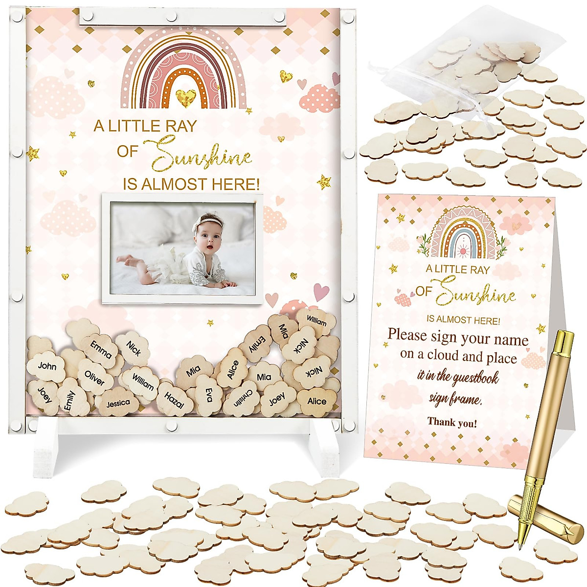 Thyle 65 Pcs Baby Shower Guest Book Alternative He or She Gender Reveal Baby Shower Favors Baby Shower Sign in Guest Book with 60 Wooden Hearts Baby Shower Picture Frame Birthday Decor (Boho Rainbow)