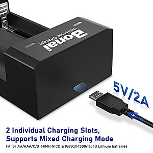 BONAI Battery Charger for 1.2V Ni-MH Ni-Cd AA AAA C D Rechargeable Batteries, All Types of 3.7V Lithium Batteries - 2 Slots USB Charger