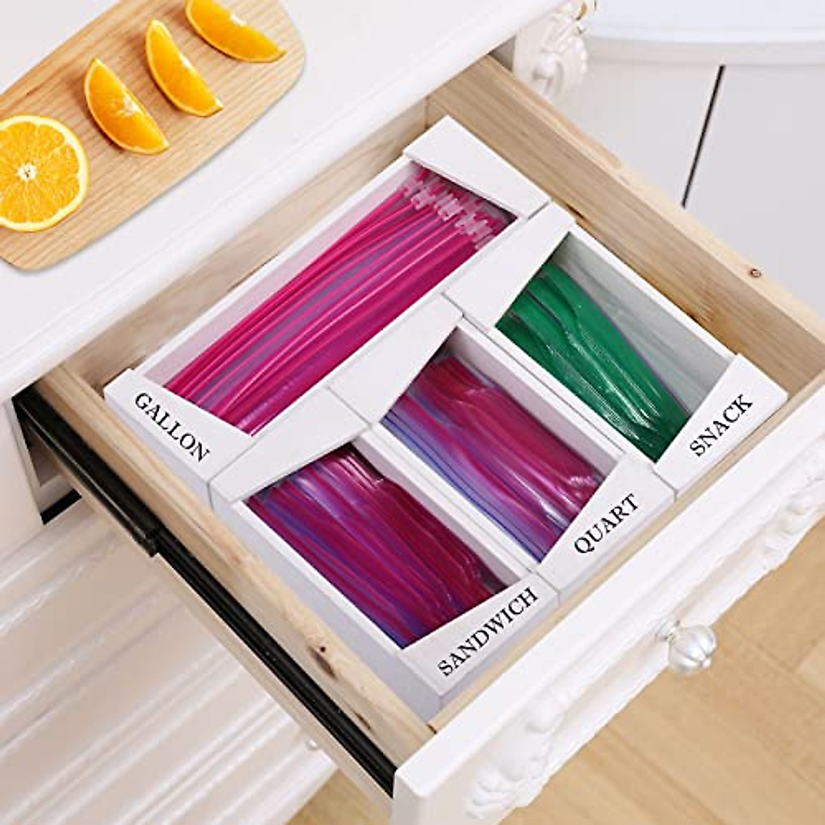 Ziplock Bag Storage Organizer for Drawer-Wood Ziplock Bag Storage Holds Kitchen Drawer or Wall Hanging, Holds Gallon, Quart, Snack Sizes, Sandwich Compatible with Hefty, Glad