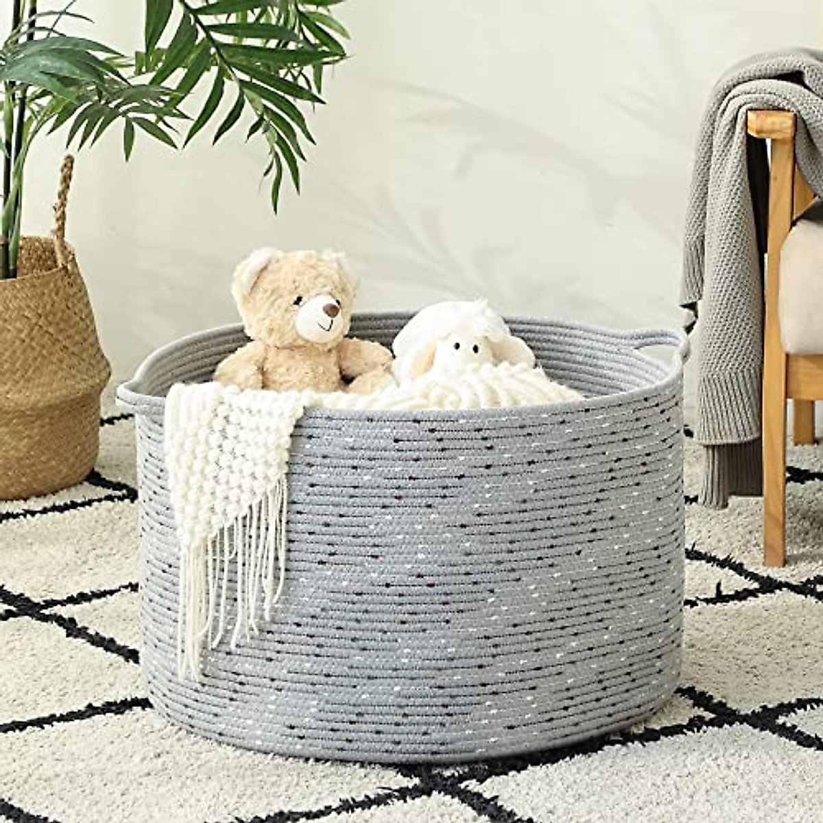 KAKAMAY Large Cotton Rope Blanket Basket (20"x13"),Woven Baby Laundry Hamper，Blanket Basket for Nursery, Laundry, Living Room, Pillows, Toys with Handles （White/Beige/Grey）