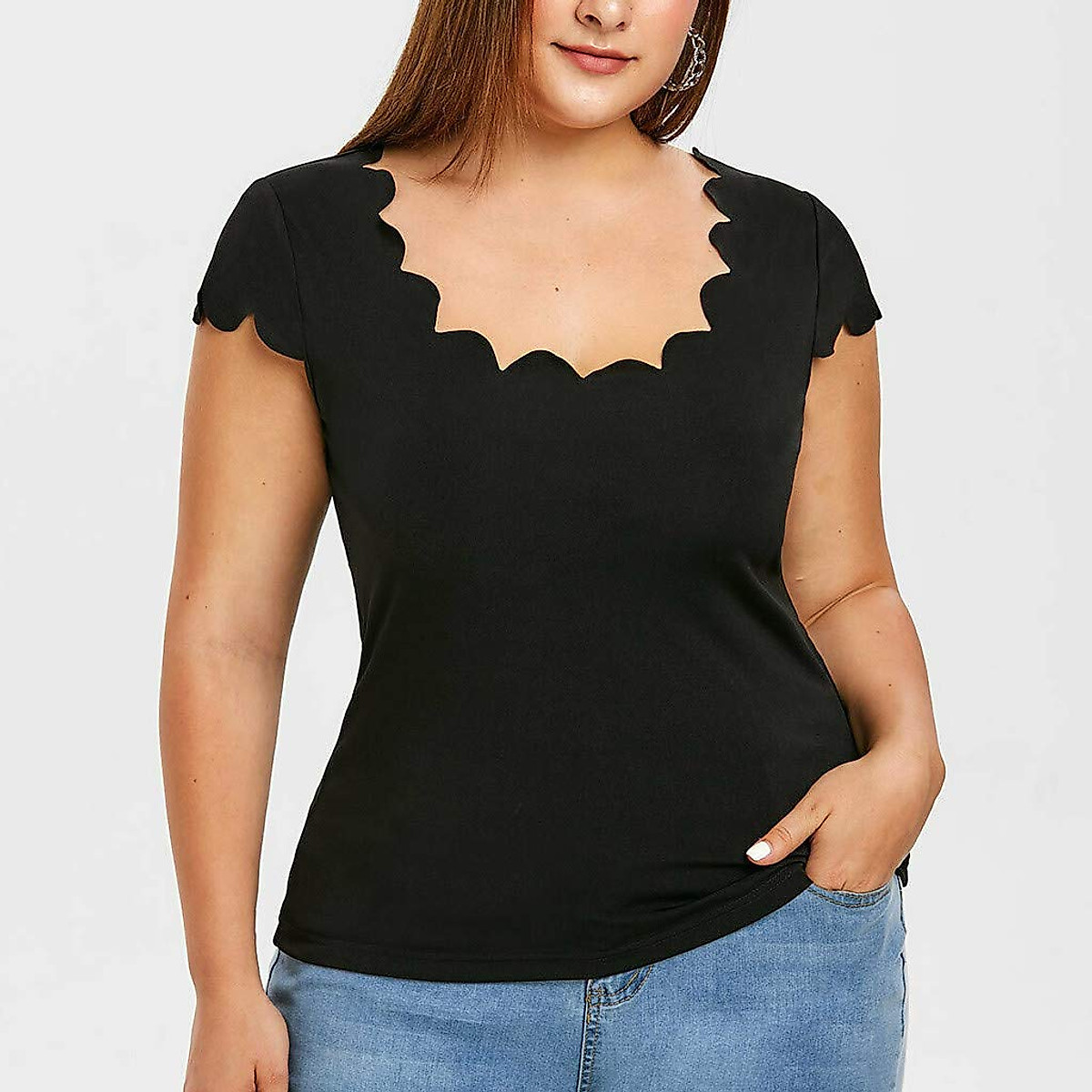 Women's Short Sleeve Shirt,Casual Round-Neck Blouse Flowy Loose Tank Tops Solid Color Tunic Plain Summer Plus Size Tee Black