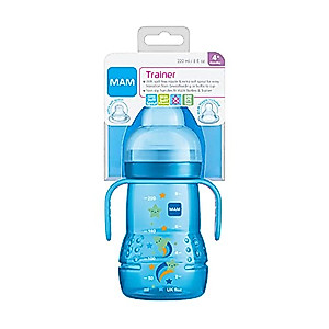 MAM Plastic Trainer Cup (1 Count), Trainer Drinking Cup with Extra-Soft Spout, Spill-Free Nipple, and Non-Slip Handles, for Boys 4+ Months, Eight Ounces, Designs May Vary