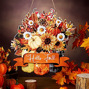 Tradder Thanksgiving Floral Welcome Sign for Front Door Hello Fall Hanging Plaque Farmhouse Sunflower Pumpkin Fall Door Hanger Mason Jar Harvest Autumn Wood Sign for Indoor Outdoor Home Yard