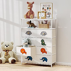FRAPOW 8 Drawers Kid Dresser with Shelves, Boy Storage Organizer Dresser for Baby Child with Wood Top Metal Frame for Living Room Bedroom Hallway