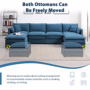 Modern U-Shaped Cloud Couch Set with Double Cushions, Chenille Modular 6-Seat Sectional Sofa Sleeper Bed with Ottomans Blue