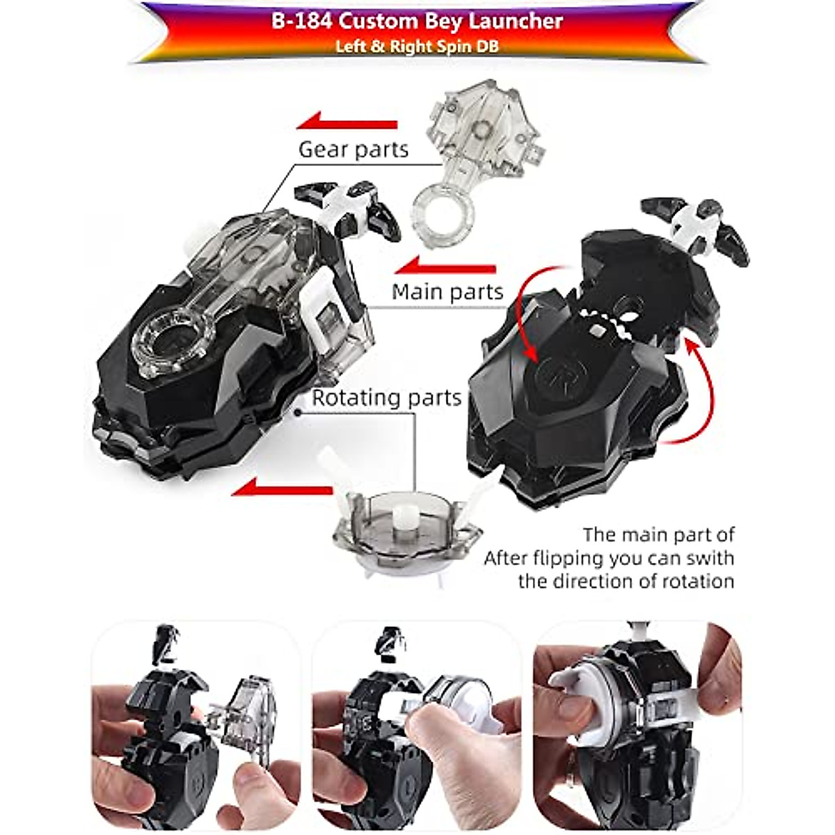 Desamvap Bey Battling Tops Burst Launcher and Grip, B-184 Custom Bey Launcher LR Left Right Spin DB Layer System Compatible with All Bey Burst Series (Black)
