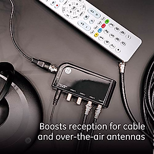 GE 4-Way HD Digital TV Antenna Amplifier, Low Noise Antenna Signal Booster, Clears Up Pixelated Low-Strength Channels, Supports Multiple HD Smart TVs, AC Adapter, Black, 34479