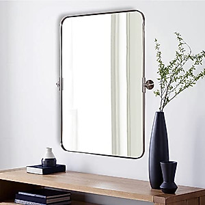 ANDY STAR 22"x34" Brushed Nickel Pivot Mirror for Bathroom, Silver Metal Frame Bathroom Mirrors for Wall，Rectangle Titling Vanity Wall Mirror with Rounded Corner Design Hangs Vertically Only