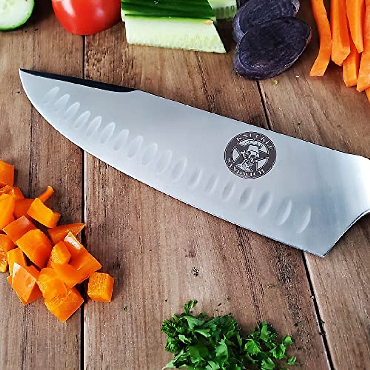 Ergo Chef Guy Fieri Knuckle Sandwich 8-Inch Chef's Knife 8081 Premium 7CR17MoV Stainless Steel Blade Hollow Ground blade Custom Style Tip, Ergonomic Pakkawood Handle