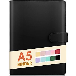 Sooez A5 Notebook Photocard Binder, 6 Budget Binder Ring Planner, Stylish Loose Leaf Personal Organizer Binder Cover with Magnetic Buckle, PU Leather Binder Women with Macaron Colors (Black)