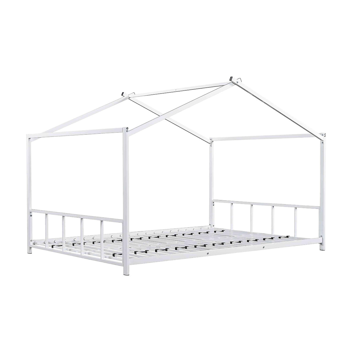 ATY Metal Full Size Floor Bed, House Shaped Bedframe w/Roof Design for Kids, Toddlers, Easy Assembly & No Box Spring Needed, White