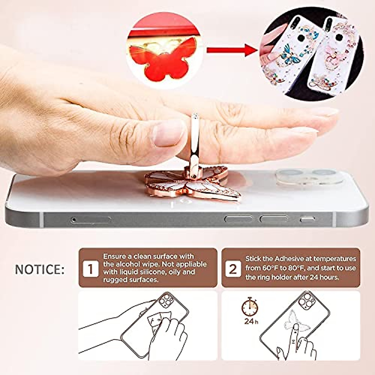 4 Pack Phone Ring Stand, Diamond Bling Butterfly Cell Phone Kickstand Grip, 360 Rotation Universal Multi Angle Metal Phone Ring Holder (2 Butterfly, 2 Swan, 1 Strip)
