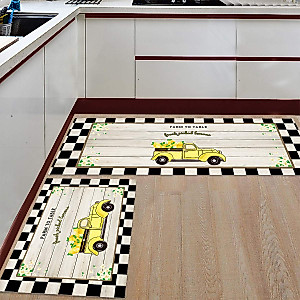 2 Pieces Kitchen Mat Set, Yellow Truck Loads Farm Picked Lemons on Black Checker, Non Slip Rubber Backing Bathroom Floor Mat Low Pile Machine Washable 15.7x23.6In + 15.7x47In
