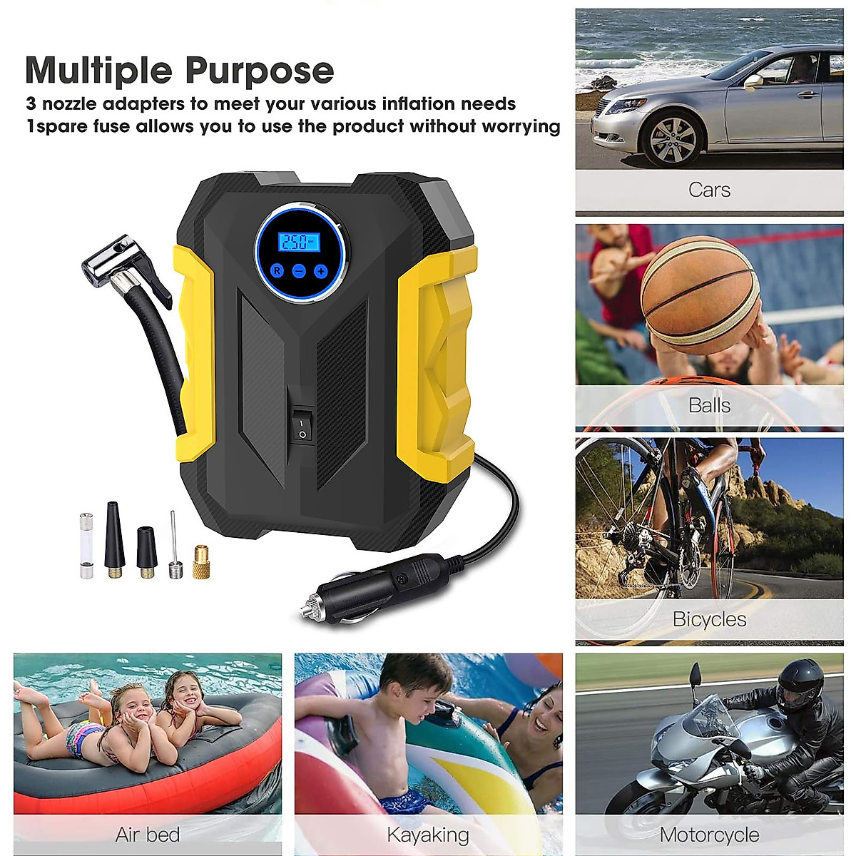 Digital Air Compressor for Car Auto Pump Portable Tire Inflator with LED Light DC 12V