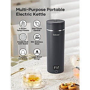 Sekaer Travel Portable Electric Kettle, Small Tea Kettle Coffee Mini Hot Water Boiler, 400mL & 304 Stainless Steel, with 4 Variable Presets and Auto Shut-Off SKE-840G