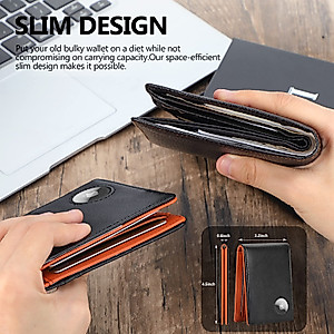 LAKIPETN Mens Slim Leather Bifold AirTag Wallet with Money Pocket RFID Blocking 8 Credit Card Slots | Bill Divider | ID Window | Wallets Holder Compatible with Apple Air Tag, with Gift Box