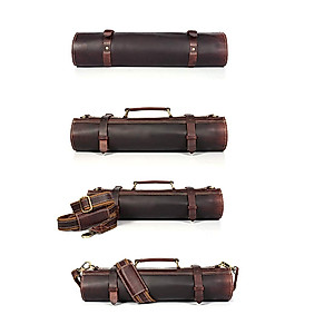 Tolredo Top Grain Buffalo Leather Chef Knife Roll Case 10 Slot and 1 Zipper Pocket for Culinary Storage Portable Bag with Detachable Shoulder Strap (Walnut, 29.5" X 20")