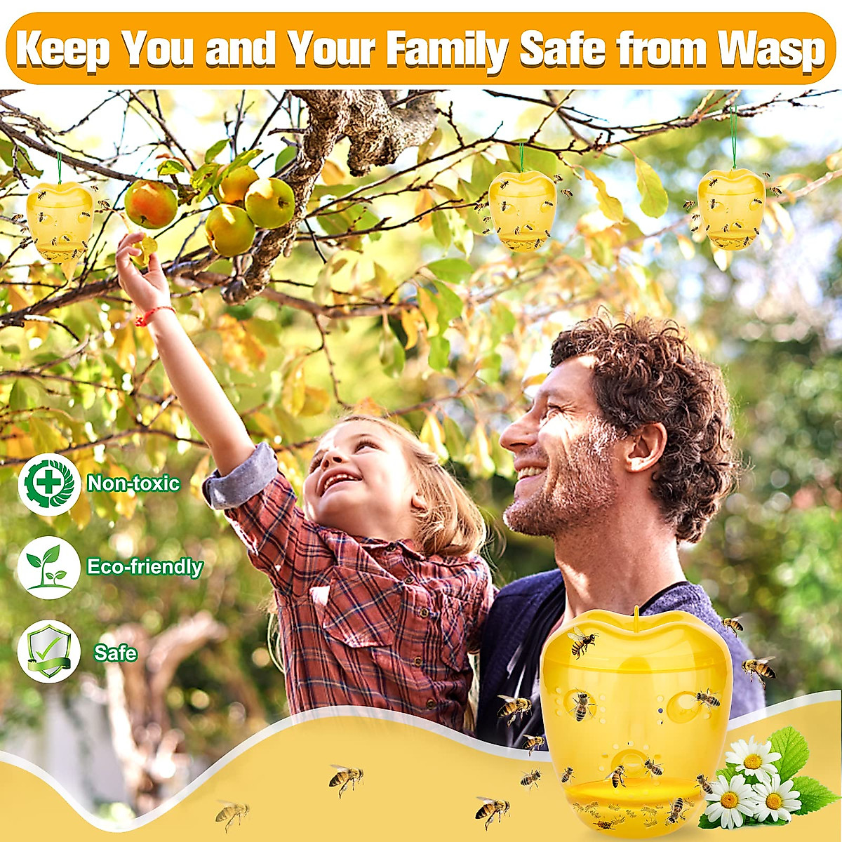 Protecker Wasp Trap, Yellow Jacket Hanging, Repellent Carpenter Bee Traps for Outside, Killer Deterrent Insect Fly Catcher, Non-Toxic Reusable Hornet (2 Pack)