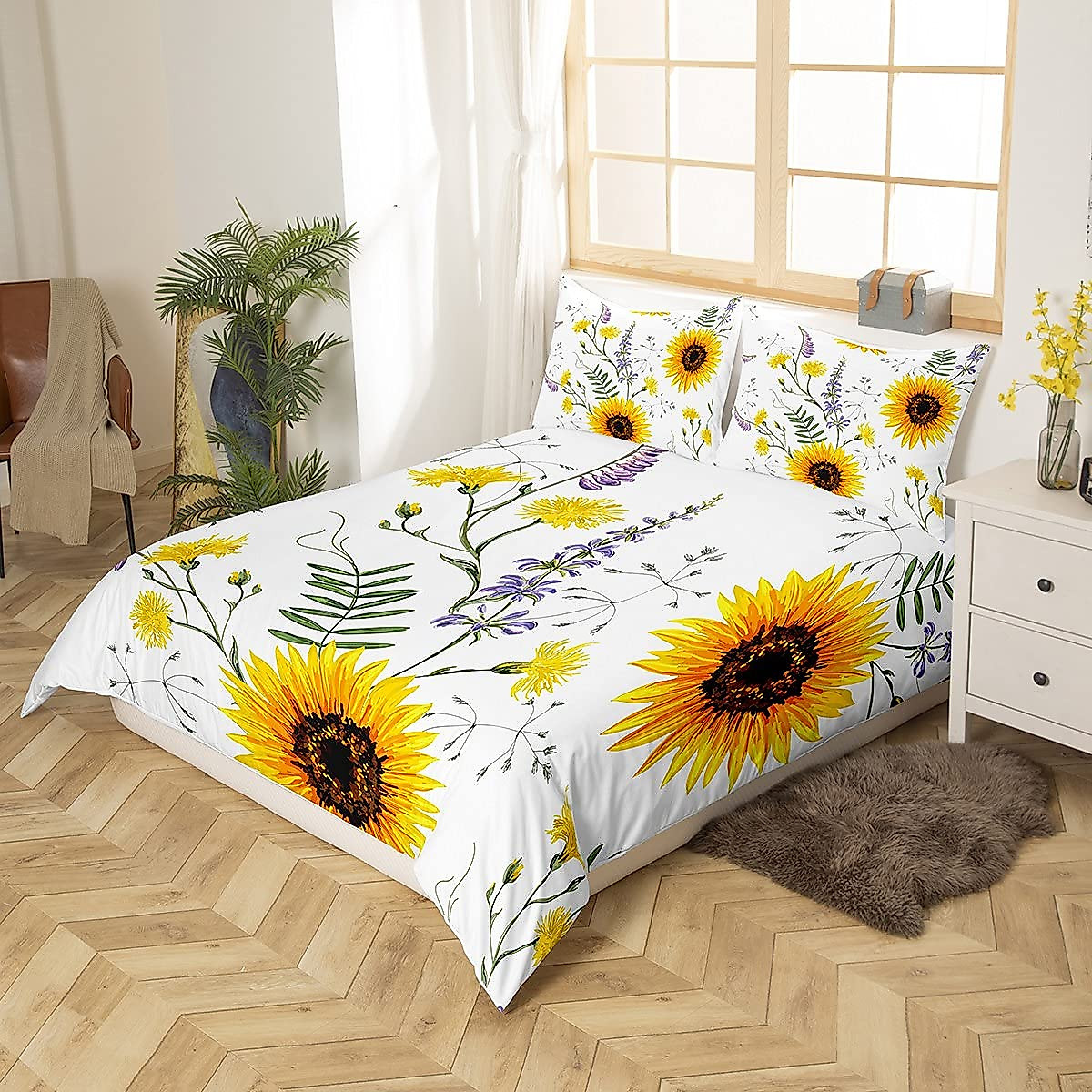Feelyou Sunflower Duvet Cover Set Queen Size 3D Print Bedding Set Stylish Decor Pastoral Comforter Cover with 2 Pillowcases Blossom Flowers Ultra Soft Microfiber Zipper 3 Pcs Novely Floral Branches