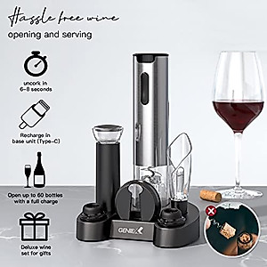 GenieX Electric Wine Opener with charging base, Automatic Wine Opener Electric Corkscrew. 7-in-1 wine accessories, USB-C charging, Cool Kitchen Gadgets, Deluxe gifts for wine lovers, housewarming gift