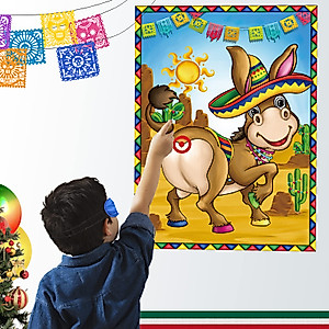 Zonon Pin The Tail on The Donkey Mexican Donkey Game, Mexican Fiesta Decorations, Taco Party Supplies, Poster with Blindfolds and Stickers Mexican Fiesta Birthday Carnival Party Decorations