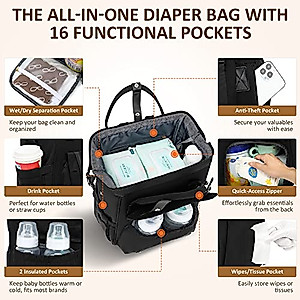 ROSEGIN 35L Large Diaper Bag Backpack for Boy Girl, Multi-Functional Baby Bag with Changing Pad, Pacifier Holder, Waterproof, Black Plus XL Fits 2 Kids Twins, Perfect Baby Shower for Mom Dad Newborn