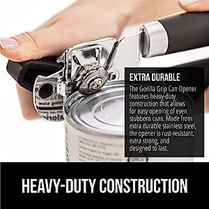 Gorilla Grip Heavy Duty Stainless Steel Smooth Edge Manual Hand Held Can Opener With Soft Touch Handle, Rust Proof Oversized Handheld Easy Turn Knob, Best Large Lid Openers for Kitchen, Black