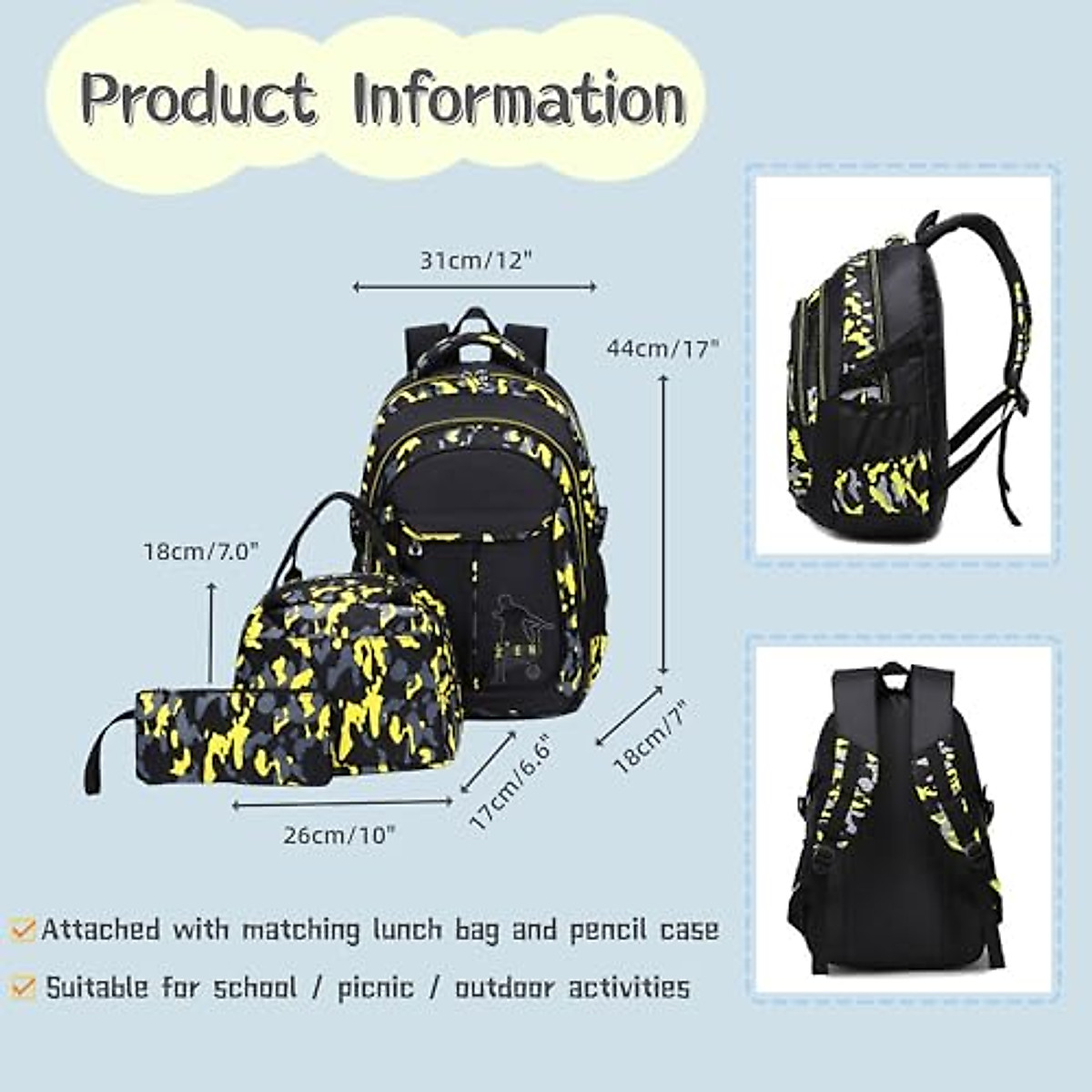3Pcs Camo Boys Backpack for Kids with Insulated Lunch-Box, Camouflage Backpack Lunchbox Combo for Boys