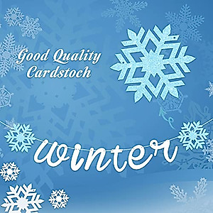 Gersoniel 3 Pieces Snowflake Winter Wonderland Banner Snowflake Paper Garland Snowflake Hanging Banner Silver Glittery Snowflake Decorations for Snow Christmas Wedding Birthday Party (Blue, Silver)