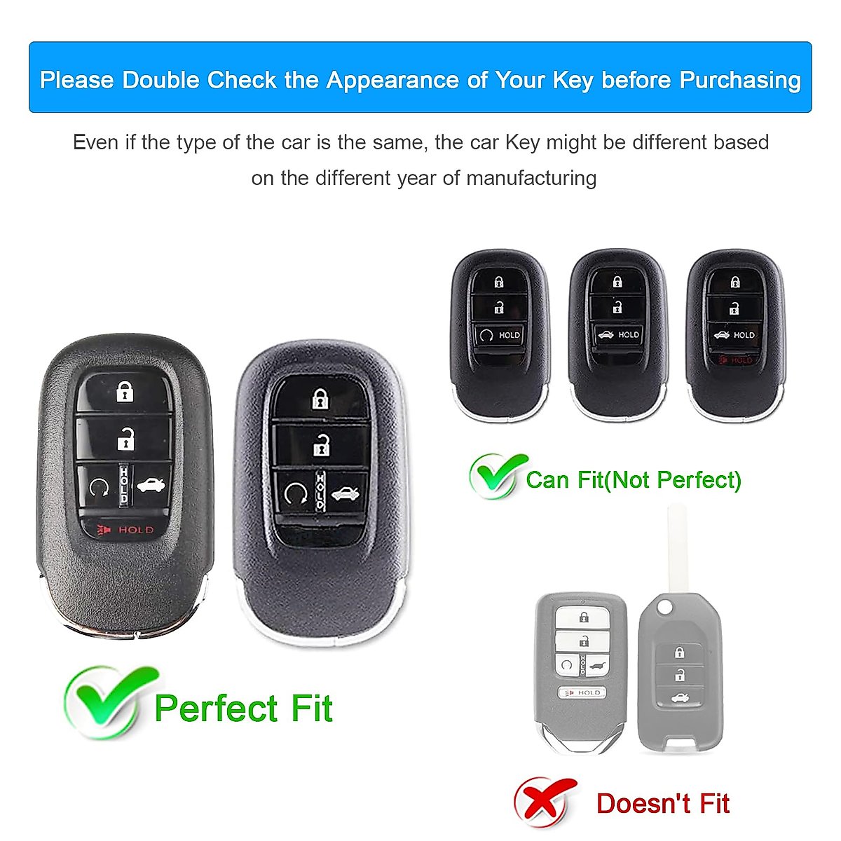 Koaudb Silicone Key Fob Cover Compatible with 2025 2024 2023 2022 Honda 5 Buttons Civic Accord Pilot CR-V HR-V Smart Car Rubber Key Shell Case Protector with Keychain 2 Pack (Hod-5R-BB)