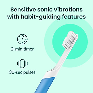 Quip Sonic Toothbrush for Adults - Timed Electric Toothbrush with Cover - Replaceable Brush Head, Soft Bristles, Plastic Handle, 3 Month Battery Life - Travel Toothbrush - Blue