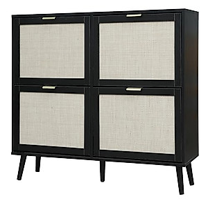 ZeHuoGe Large Rattan Shoe Cabinet with 4 Flip Drawers, Black 2-Tier Shoe Rack Boho Storage Cabinet for Heels, Boots, Slippers, Free Standing Shoe Rack, Entrance Hallway (Black)