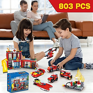 City Rescue Car Building Blocks Toy, Roleplay Parent-Child Set, Firefighter Kit with Fire Truck, Life Boat, Helicopter, Fire Extinguisher Educational Toys Thanksgiving Gift for Kid 6+ (Fire Station)