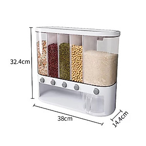 Xilei Dry Food Dispenser,Wall mounted 5 Grid Cereal Dispenser,Rice dispenser 25 pounds Kitchen Storage with Measuring Cup