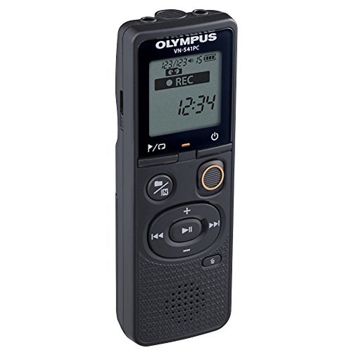 Olympus VN-541PC digital voice recorder with one-touch recording, noise-cancellation function, 4GB memory, four scenes recording, includes a micro-USB cable.