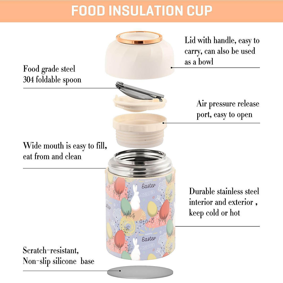 Happy Easter Kids Womens Insulated Food Jar with Spoon 17oz/500ml Container For Hot Food Stainless Steel Vacuum Leakproof Thermal Lunch for Keep Food Hot