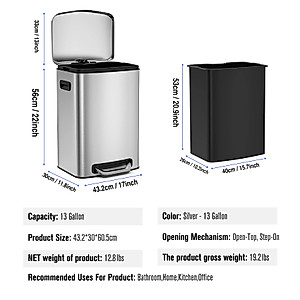 pouseayar 13 Gallon Stainless Steel Foot Pedal Trash Can with Soft Close Quiet Lid, Stainless-Steel Thickened Body Rectangular Garbage Can for Commercial/Kitchen/Home/Office Etc - Silver