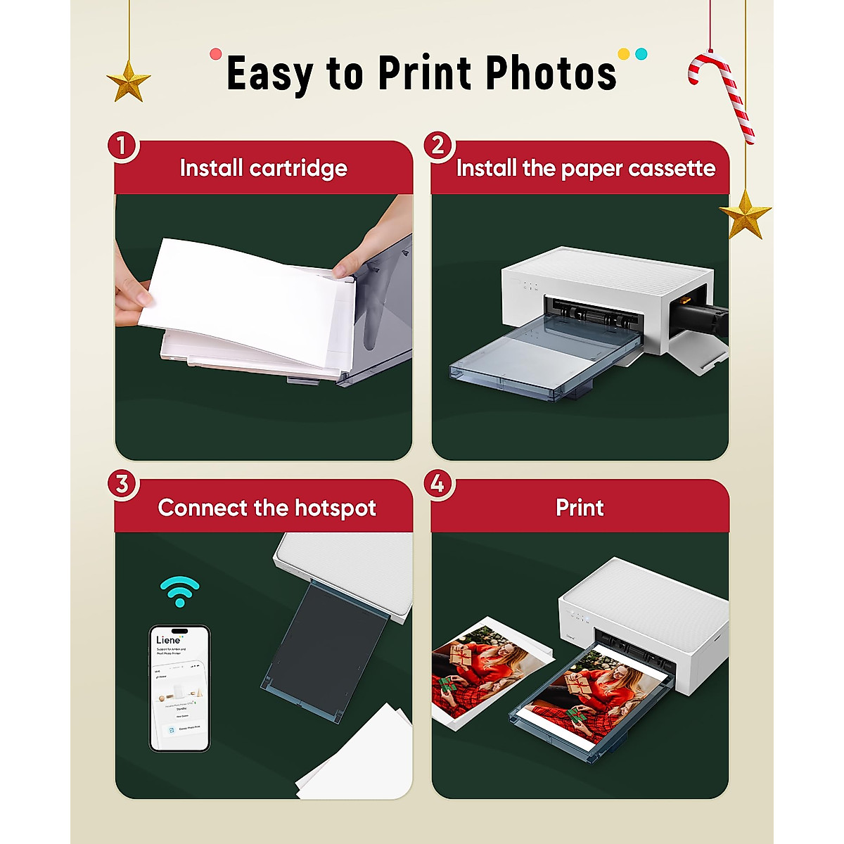 Liene 4x6'' Photo Printer Bundle (60 pcs +2 Ink Cartridges), Wi-Fi Picture Printer, Photo Printer for iPhone, Android, Smartphone, Computer, Dye-Sublimation, Portable Photo Printer for Home Use