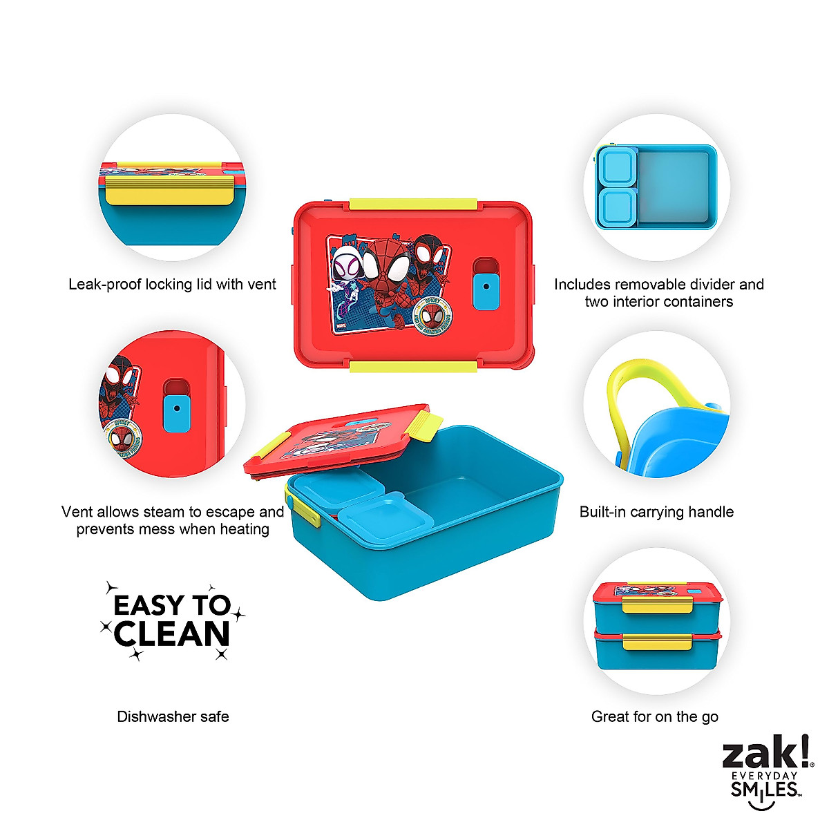 Zak Designs Spidey And His Amazing Friends Reusable Plastic Bento Box with Leak-Proof Seal, Carrying Handle, Microwave Steam Vent, and Individual Containers for Kids' Packed Lunch