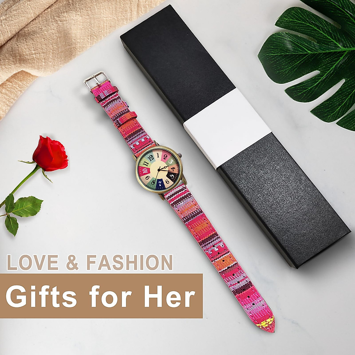 AstraMinds Mother Gift Watches for Women - Boho Hippie Ladies Watches, PU Leather Woven Rainbow Watch for Women, Colourful Women's Wrist Watches, Gifts for Women (Warm Red)