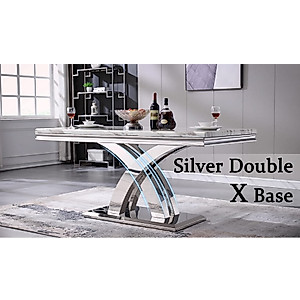 AUZ Dining Table, 65" Rectangular Modern Kitchen and Dining Room Table with Silver Double X Base in White Silver