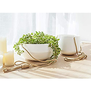 Mkono Ceramic Hanging Planter of Shallow 8 Inch and Deep 6 Inch for Indoor Outdoor Plants, Set of 2 Modern Plant Pot Geometric Porcelain Hanging Basket with Polyester Rope Hanger for Herbs Ferns Ivy