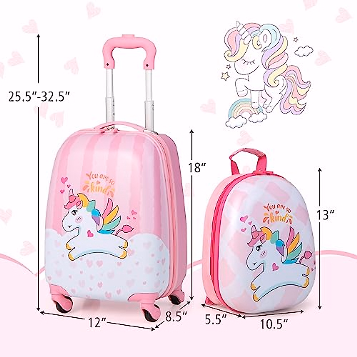 GYMAX Kids Carry On Luggage Set, 12" & 16" 2PCS Rolling Suitcase (Happy Pony)