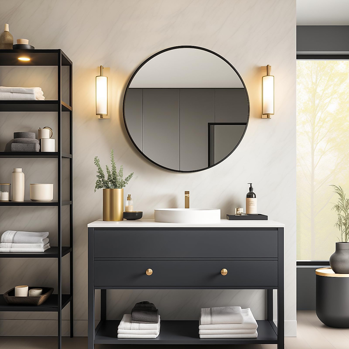 USHOWER Black Round Mirror for Over Sink 24-inch, Circle Bathroom Mirror, Metal Frame Vanity Mirror, Modern Wall Mirror for Entryway Living Room