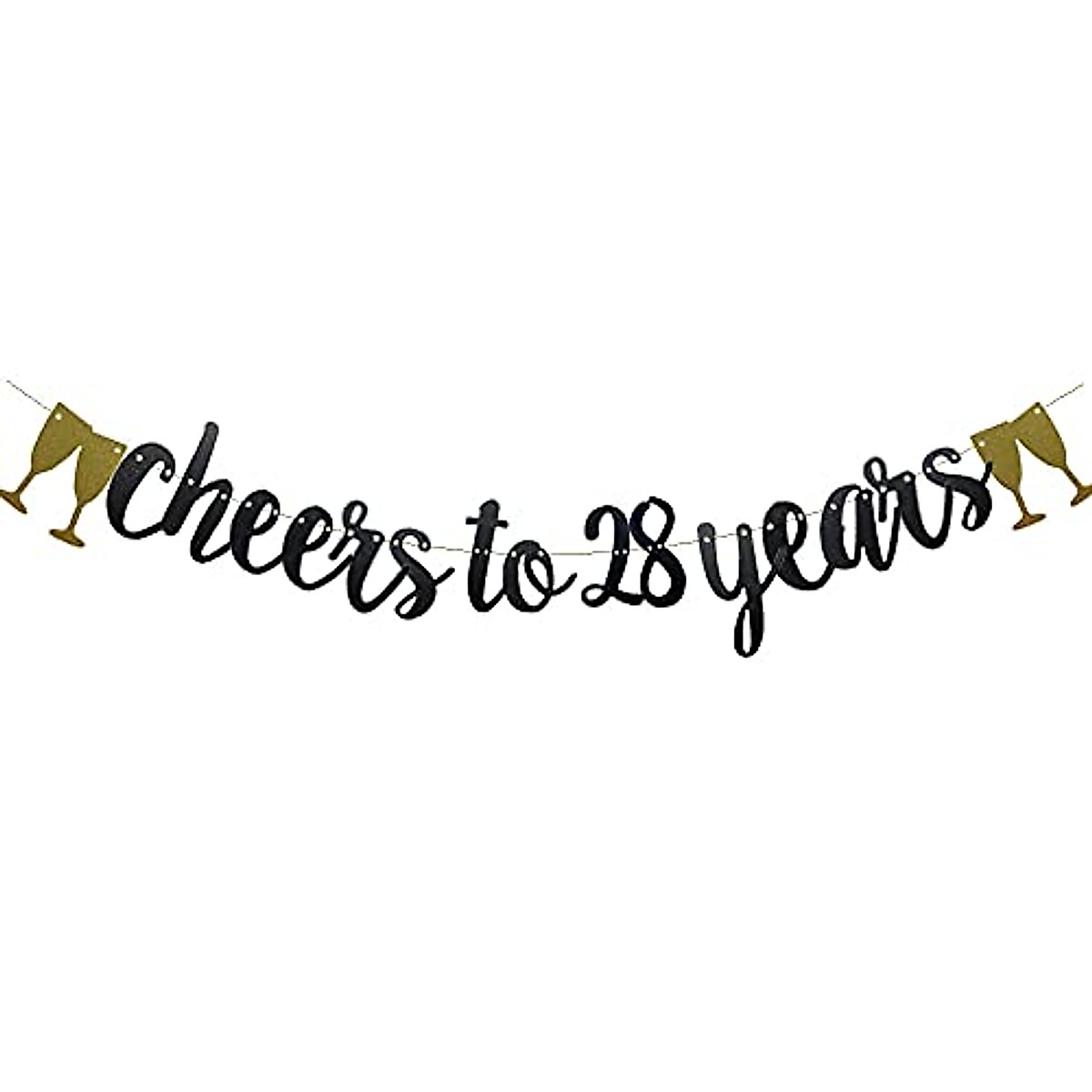 Cheers To 28 Years Banner,Pre-Strung, Black Paper Glitter Party Decorations For 28TH Wedding Anniversary 28 Years Old 28TH Birthday Party Supplies Letters Black Betteryanzi