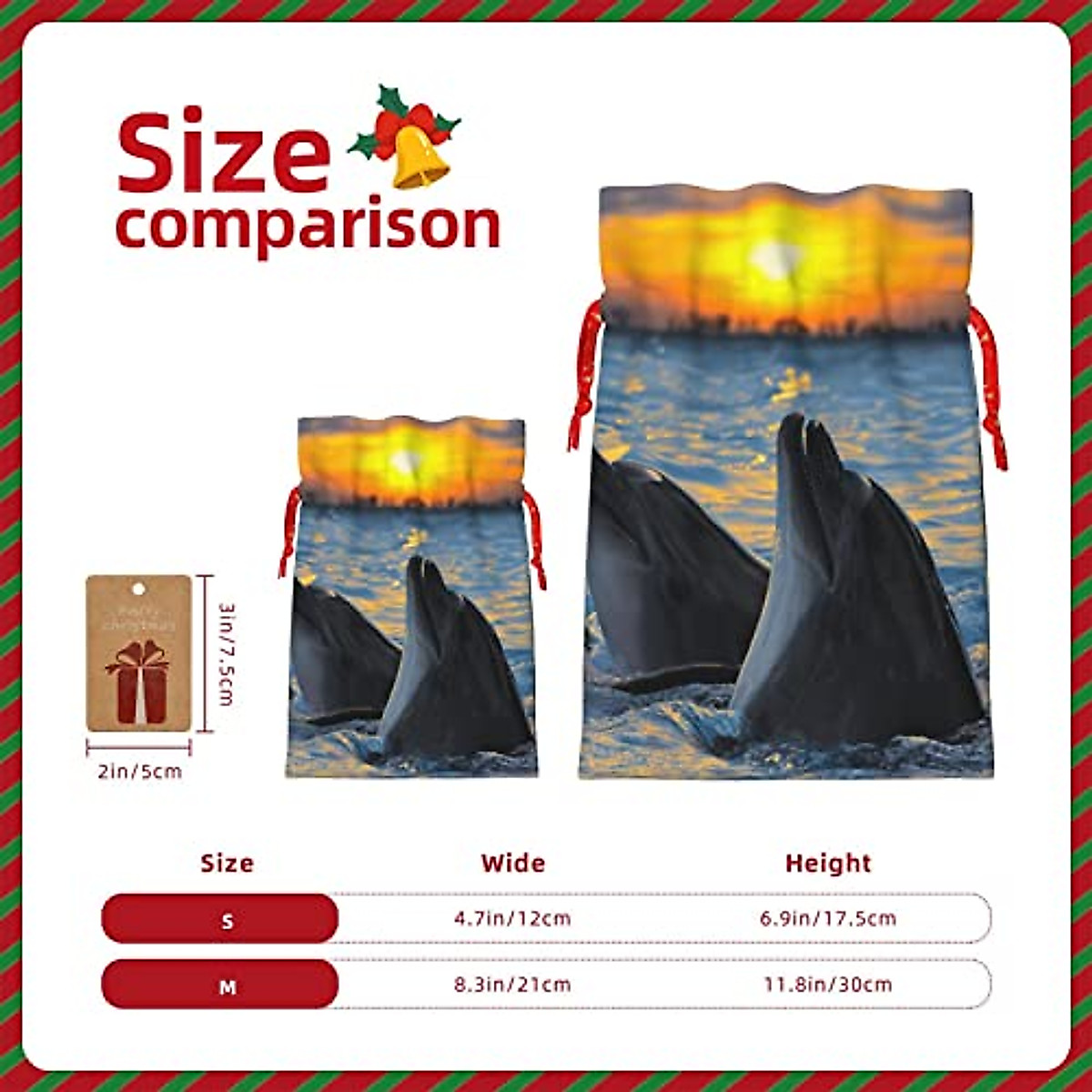 Drawstrings Christmas Gift Bags Bottle-Nosed-Dolphins-Sunset-Light Presents Wrapping Bags Xmas Gift Wrapping Sacks Pouches Medium