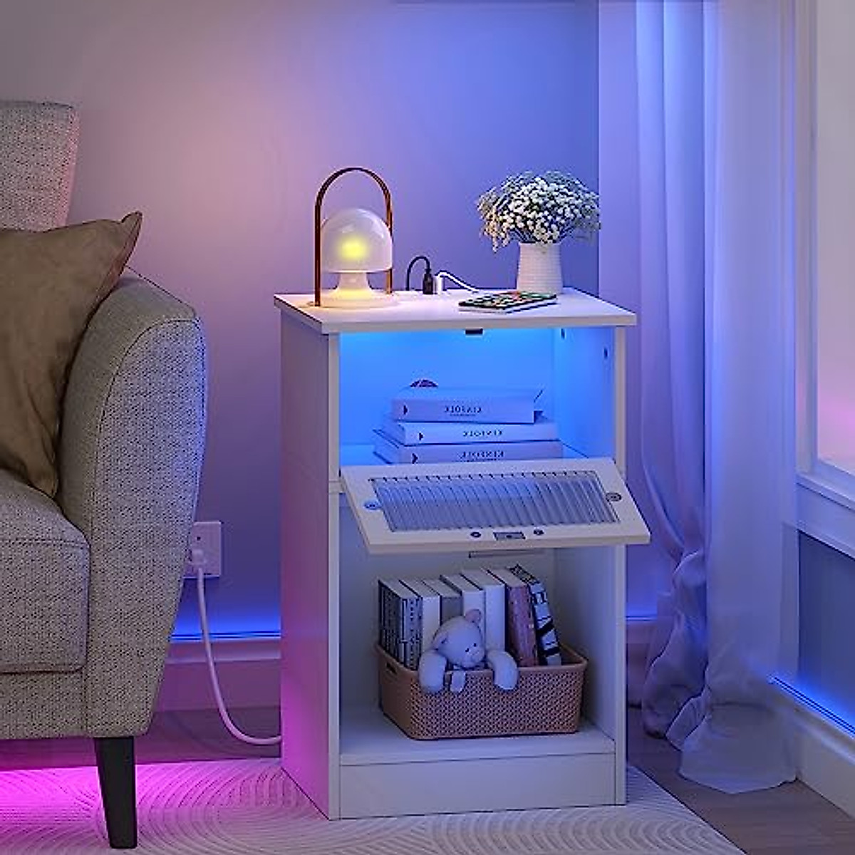 Nightstand with Charging Station and LED Light, Modern Bedside Table, Side End Table with Storage Compartment and Glass Door for Bedroom, Living Room -White