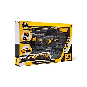 CAT Construction Toys, Little Machines Power Tracks Battery Operated Train Set, Engine with working headlight, 3 Rail Cars, Working Crane, 2 Magnetic Cargo Containers, and 2 CAT Trucks for Kids