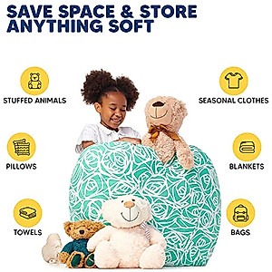 5 STARS UNITED Stuffed Animal Storage Bean Bag – Toy Storage Organizer and Bean Bag Chair for Kids Holds up to 90+ Plush Toys – Cotton Canvas Bags Cover for Boys and Girls Ages 4-11, Mint Roses