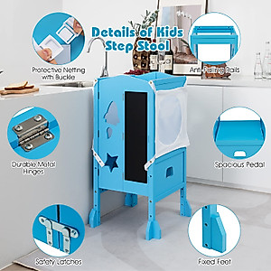 Costzon Kids Kitchen Step Stool with Safety Rail, Folding Wooden Step Helper w/Adjustable Height, Blackboard, Protective Netting, Stable Fixed Feet, Countertop Standing Tower for Toddlers(White)